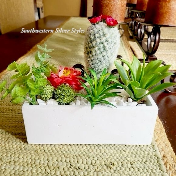 NEW Faux Desert Cactus Succulent Plants & River Rocks In Matte White Vase